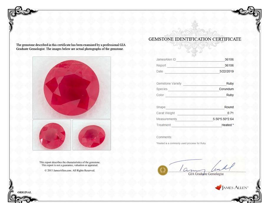 gemstones, red ruby, 0.71 carat round sku 36106