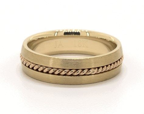 wedding rings, mens carved, 18k yellow gold cable insert satin finish ...