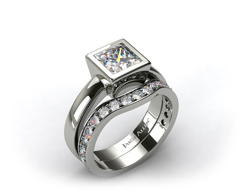 Platinum Bezel Set Princess Diamond Solitaire Ring & .42ctw Curved Pavé ...