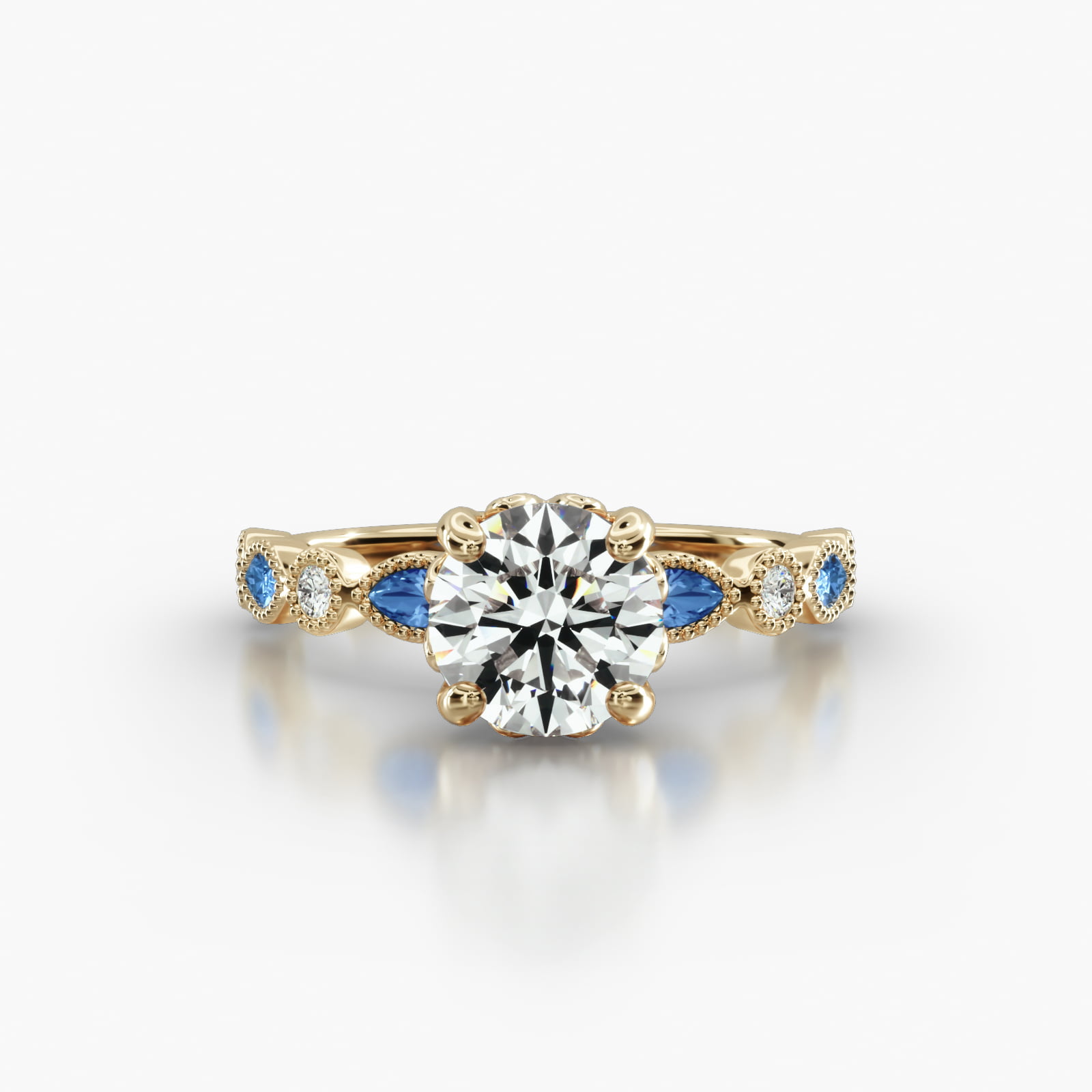 Round Diamond & Sapphire Marquise Shape Engagement Ring Embellished ...