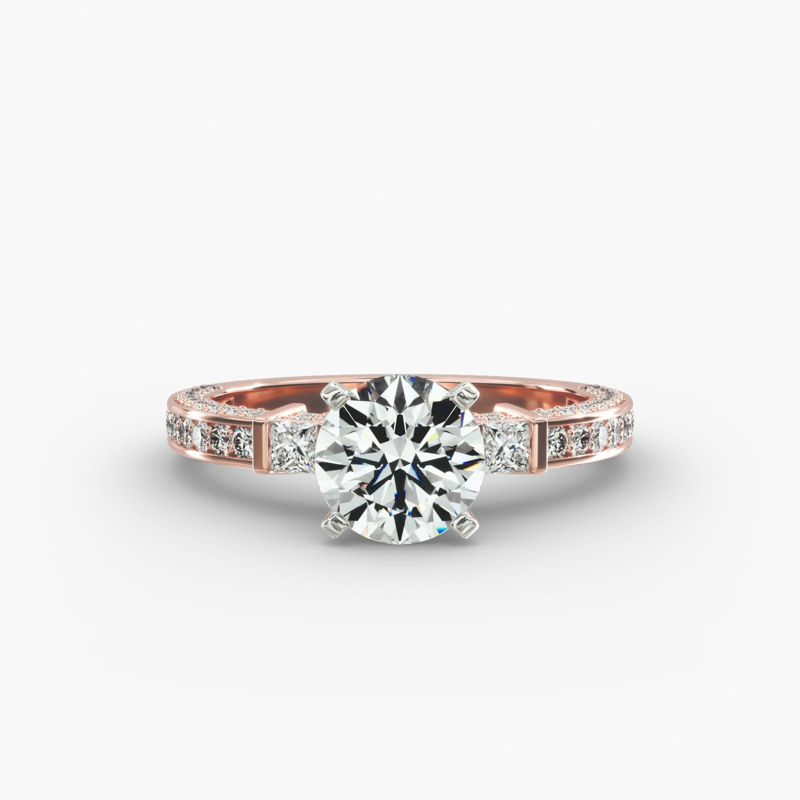 14K Rose Gold Bar Set and Three Sided Pavé Diamond Engagement Ring-11101r14