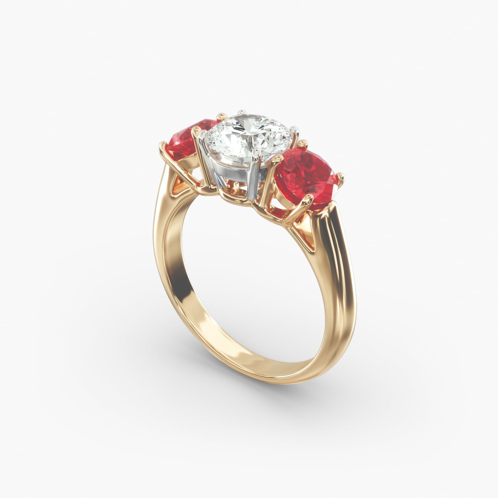 14K Yellow Gold Three Stone Round Ruby Engagement Ring-11154y14