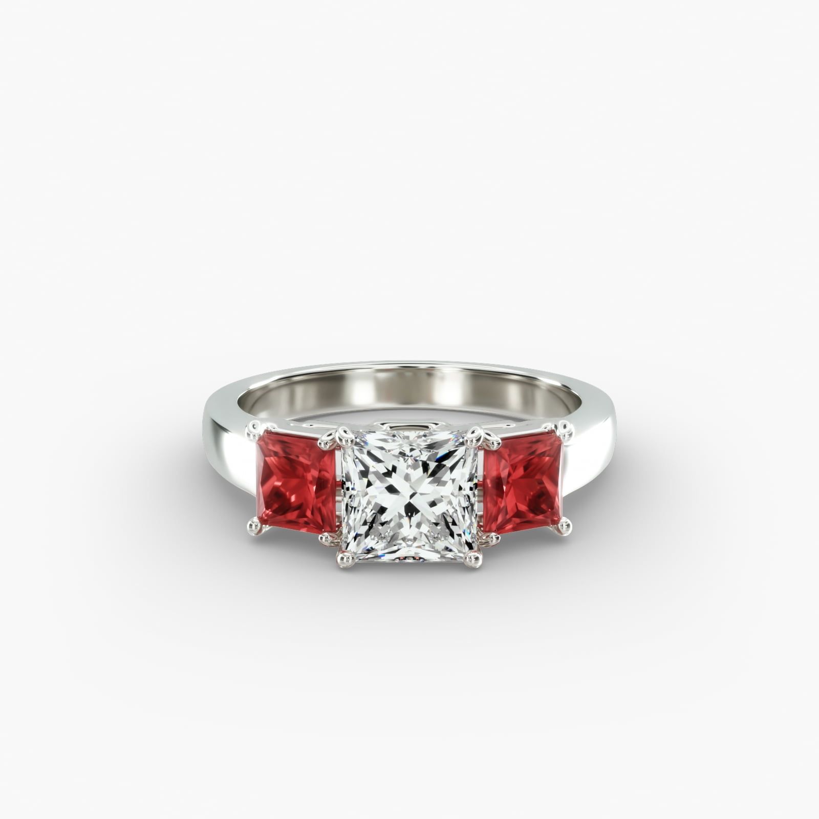 18K White Gold Three Stone Princess Shaped Ruby Engagement Ring-11156w