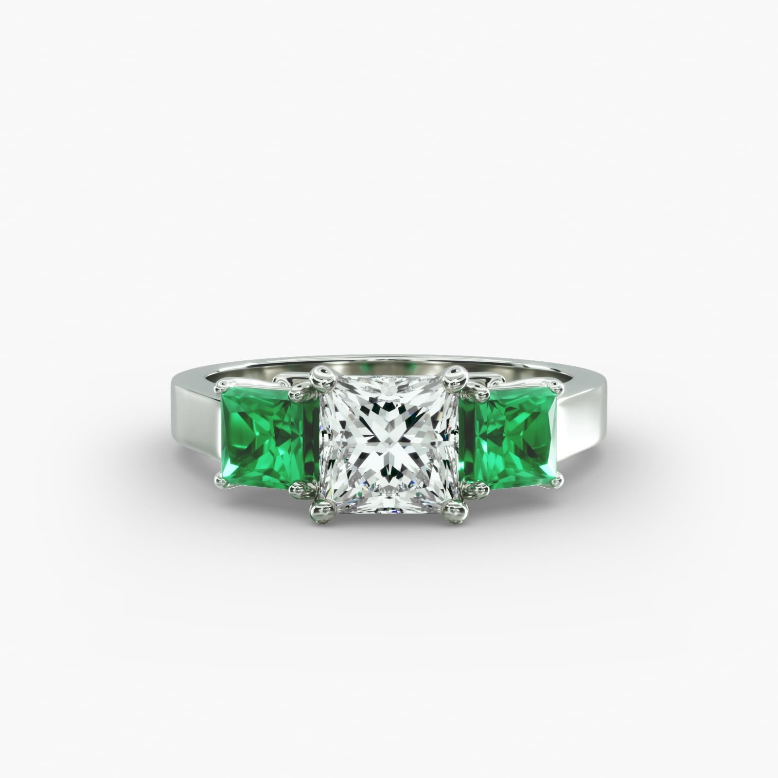 14K White Gold Three Stone Step-Cut Emerald Engagement Ring-11160w14