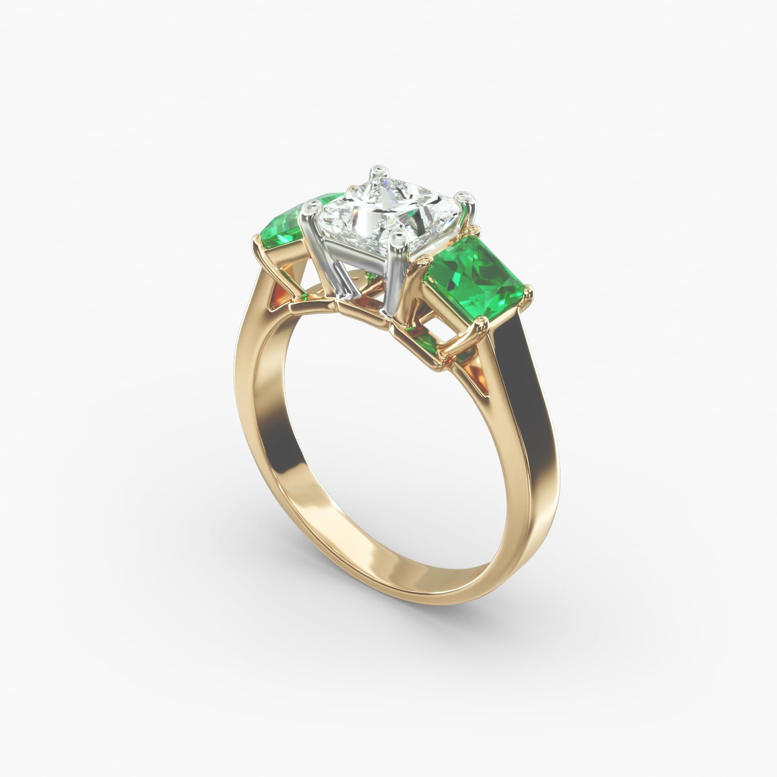 14K Yellow Gold Three Stone Step-Cut Emerald Engagement Ring-11160y14