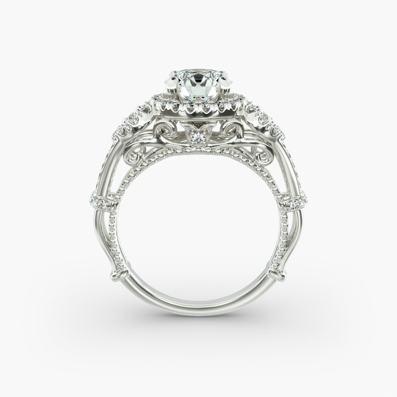 14K White Gold Three Stone Decorative Bridge Engagement Ring-17034w14