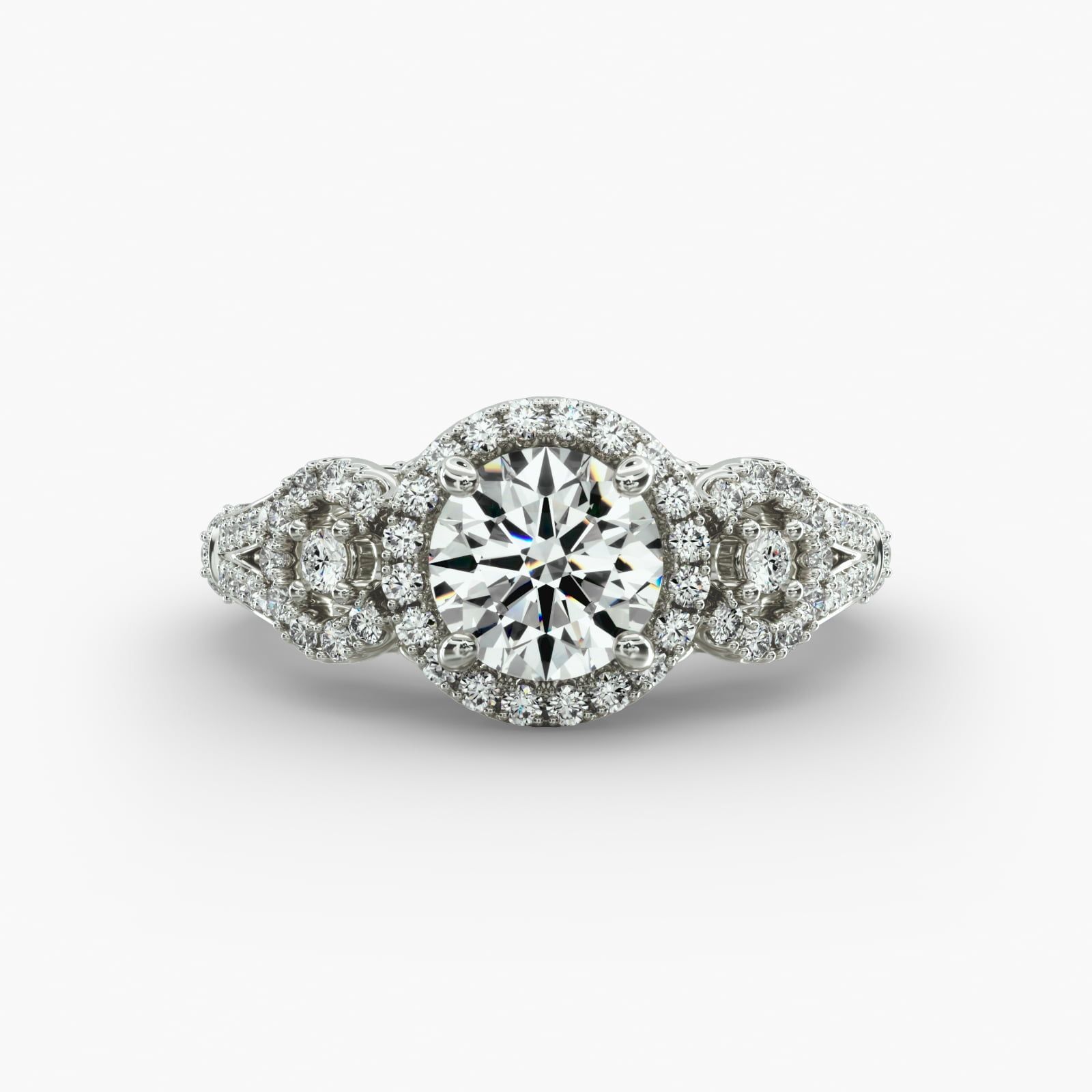 Platinum Three Stone Decorative Bridge Engagement Ring-17034p