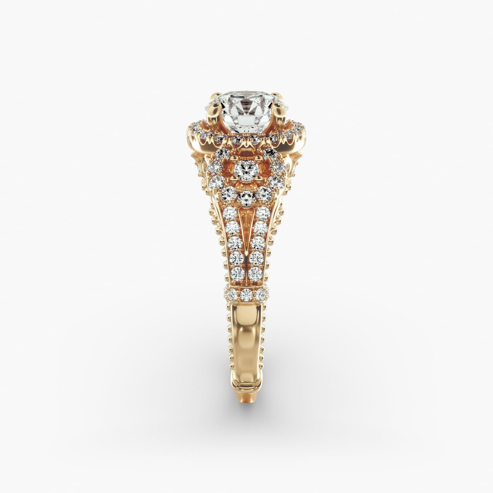 14K Yellow Gold Three Stone Decorative Bridge Engagement Ring-17034y14