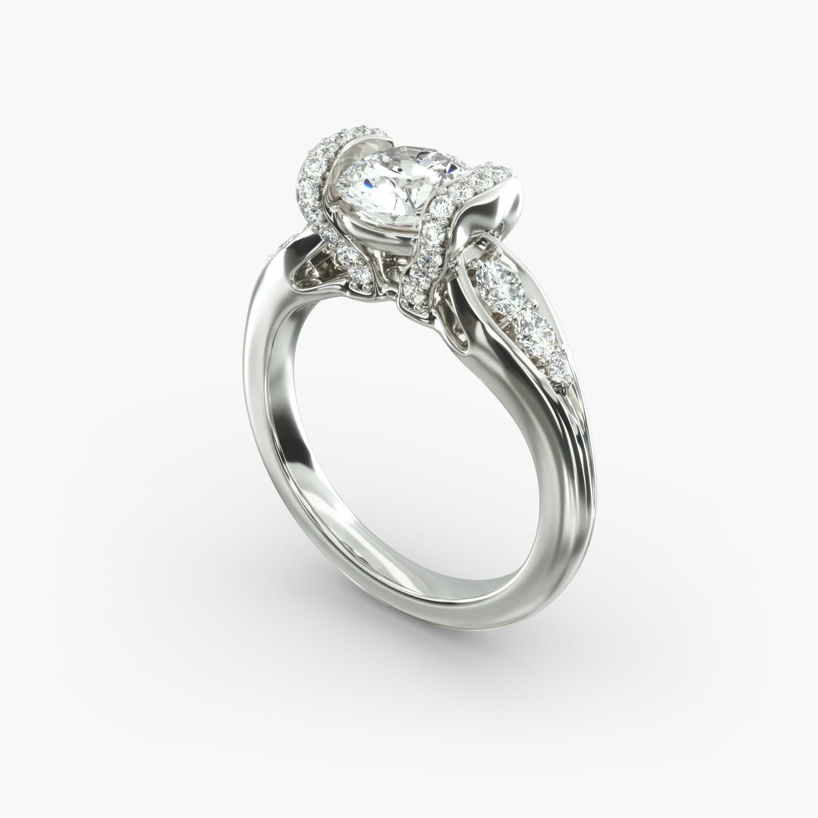 14K White Gold Half Bezel Set Flowering Diamond Engagement Ring-17413w14