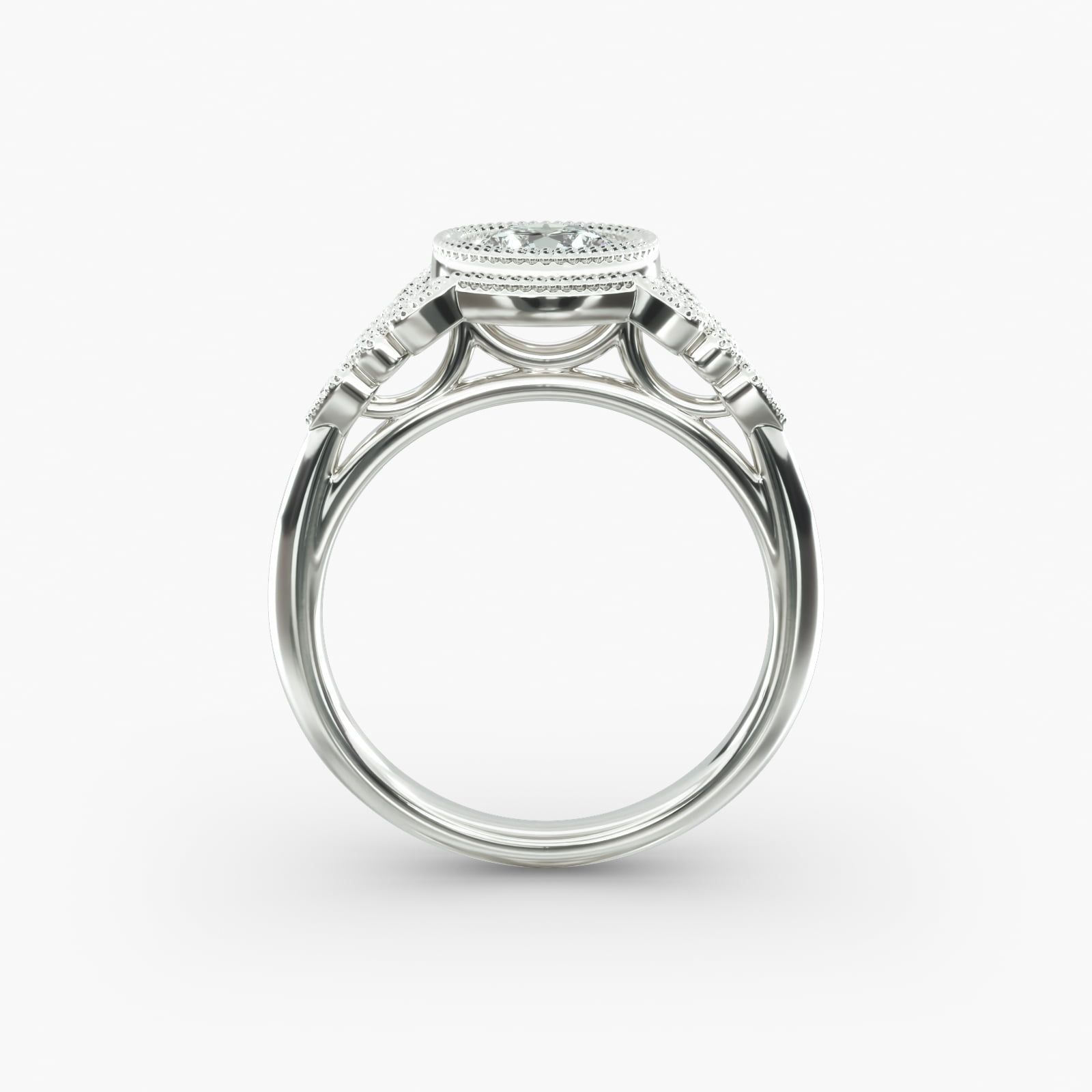 14K White Gold Beaded Bezel Set Diamond Engagement Ring-18020w14