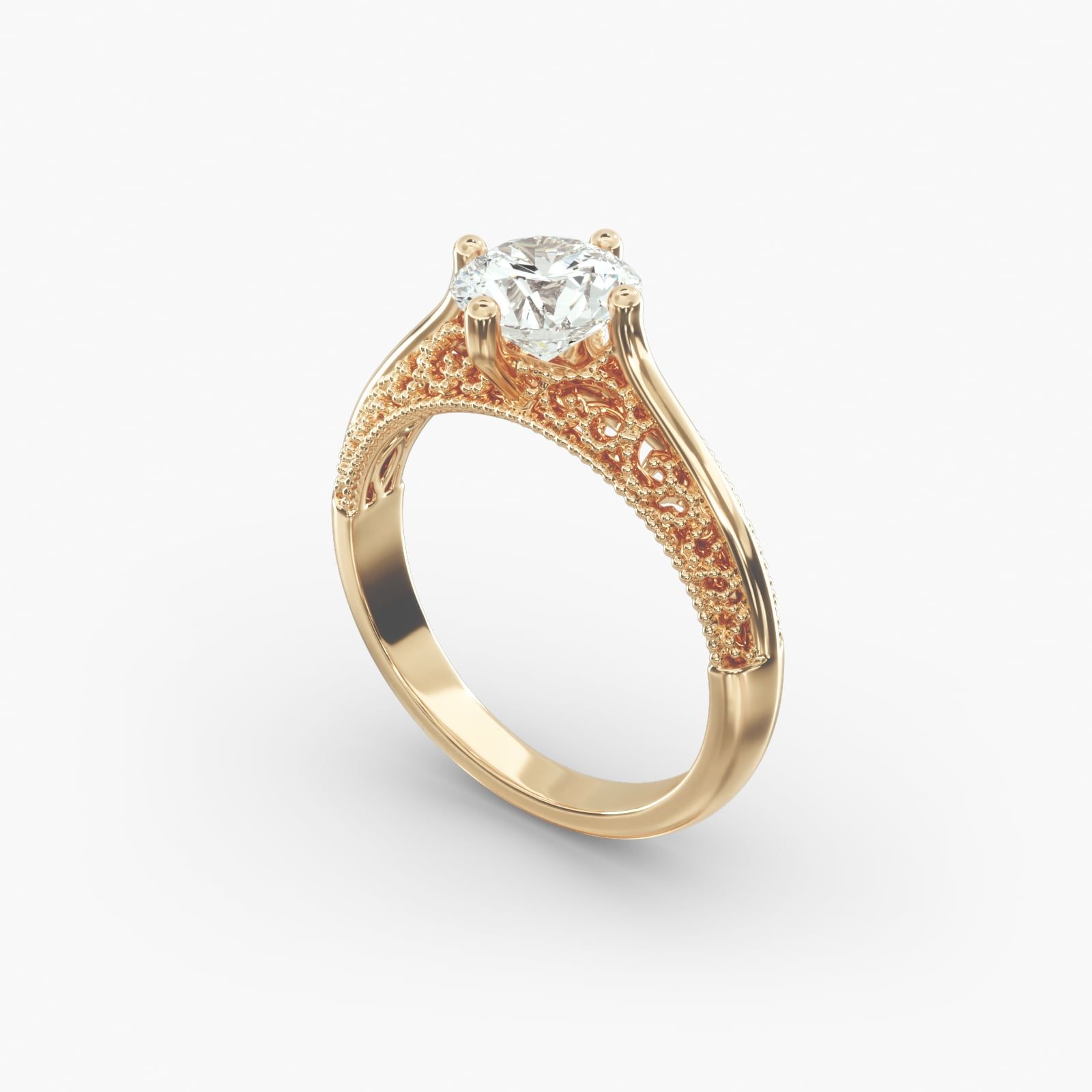 14K Yellow Gold Beaded Filigree Cathedral Kite-Set Engagement Ring-18067y14