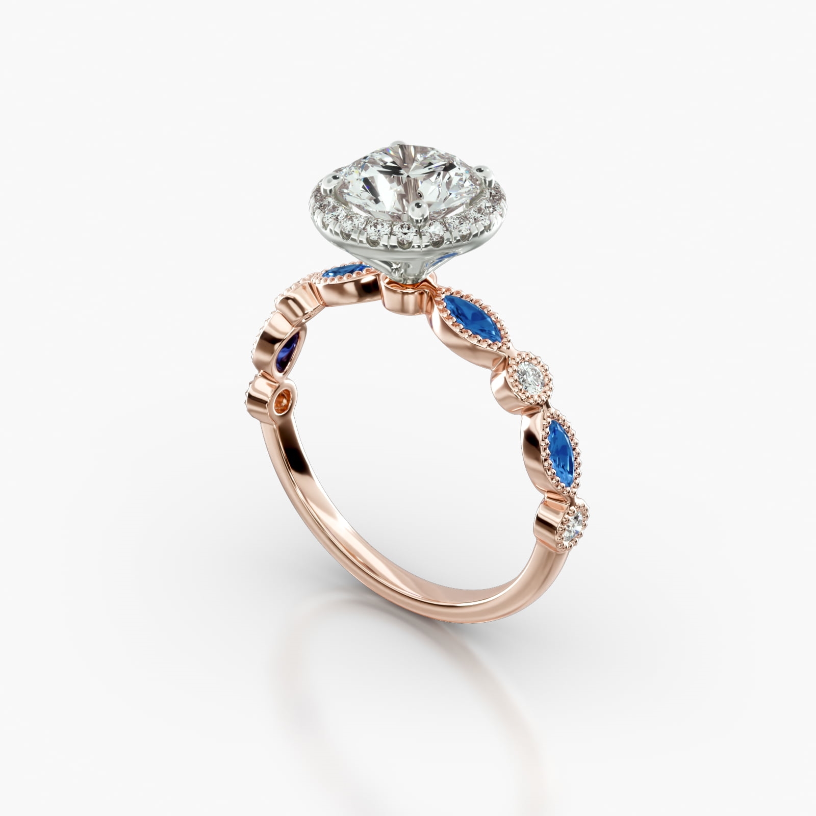 Round Diamond & Sapphire Marquise Shape Engagement Ring Embellished ...