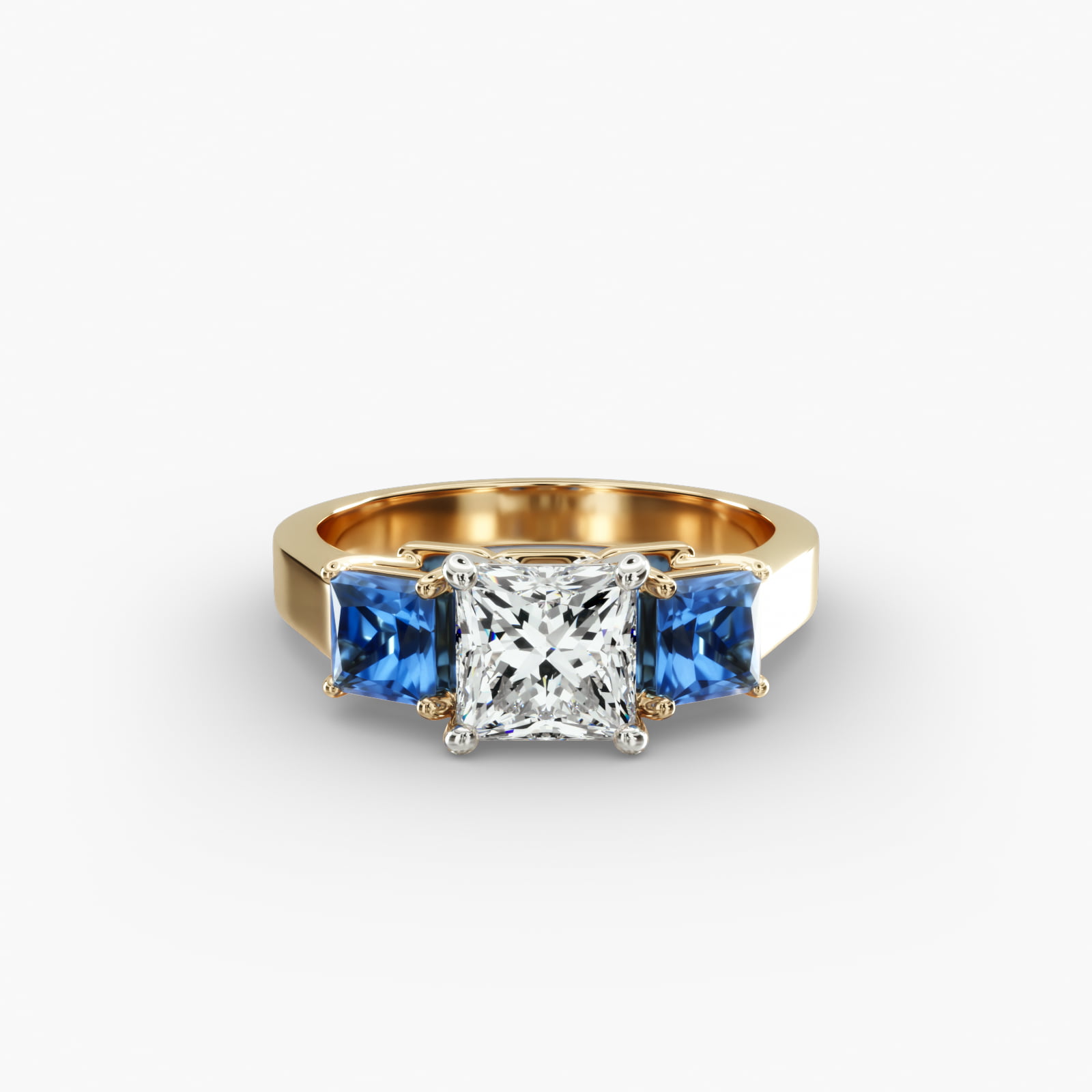 14K Yellow Gold Three Stone Princess Shaped Blue Sapphire Engagement Ring