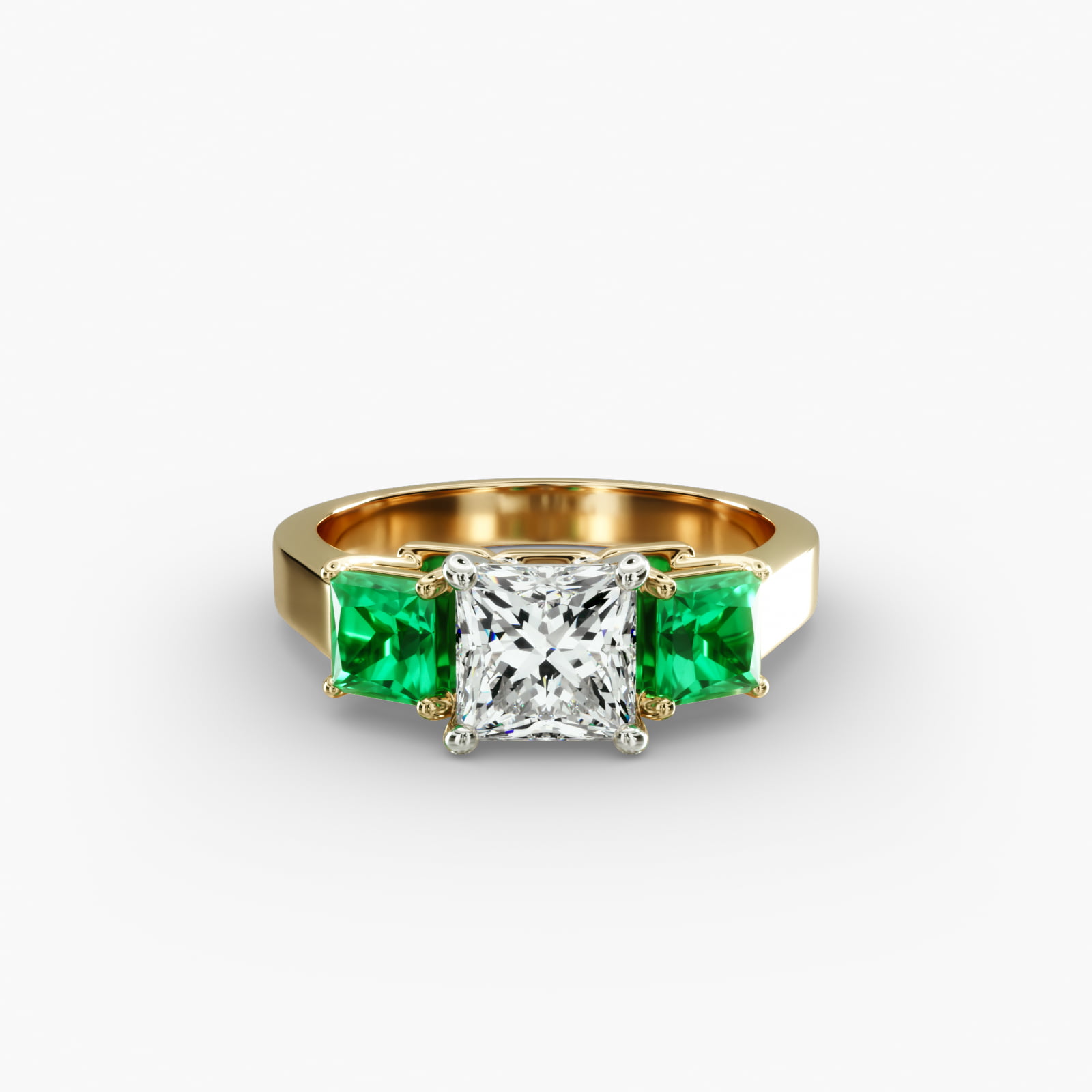 18K Yellow Gold Three Stone Step-Cut Emerald Engagement Ring-11160y