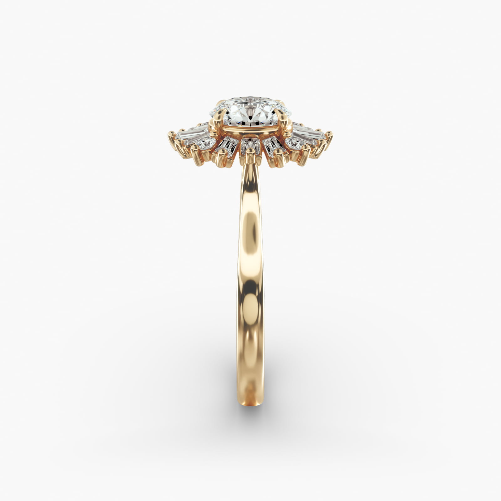 18K Yellow Gold Baguette Ballerina Halo Diamond Engagement Ring-18022y