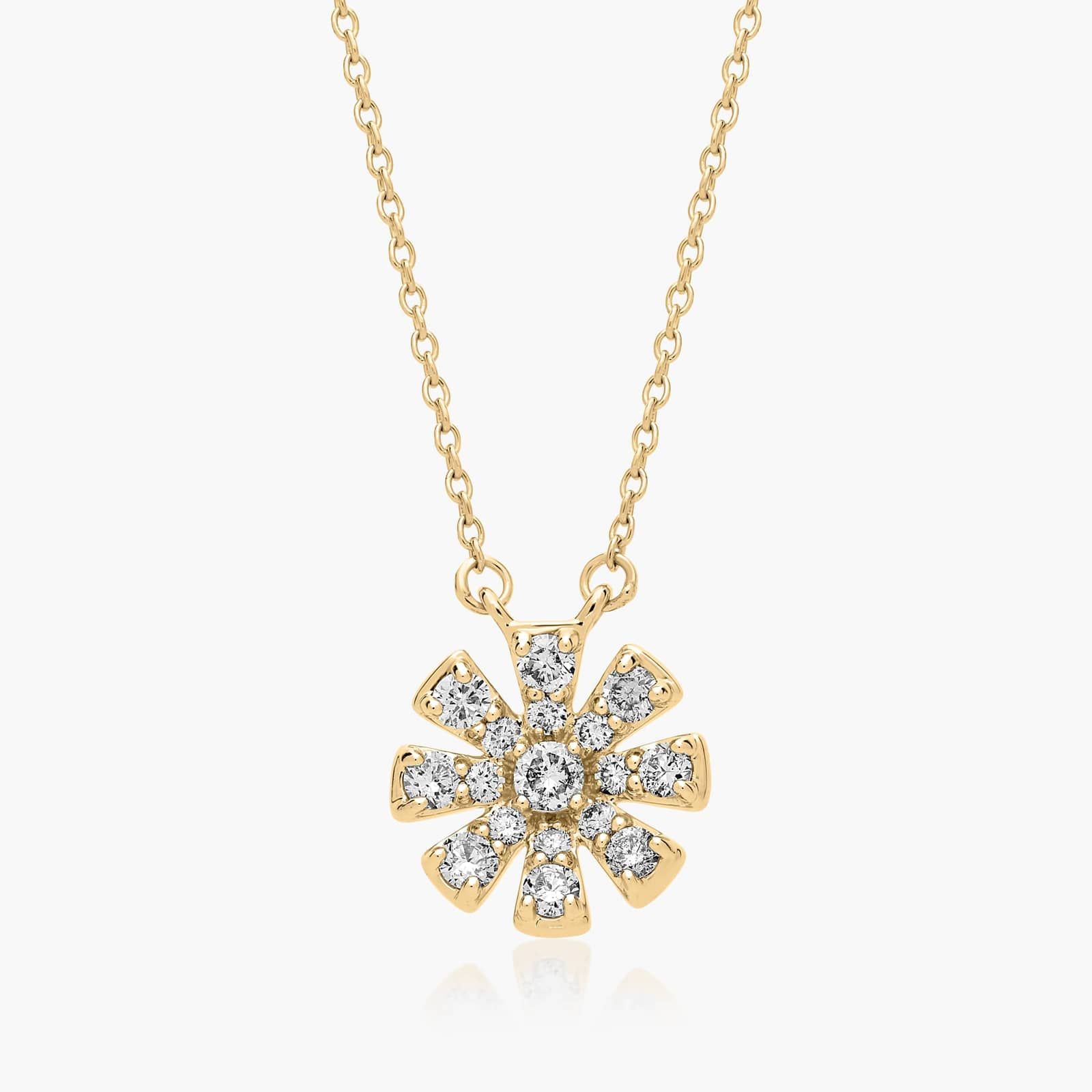 14K Yellow Gold Dainty Diamonds Pavé Flower Necklace-81874y14
