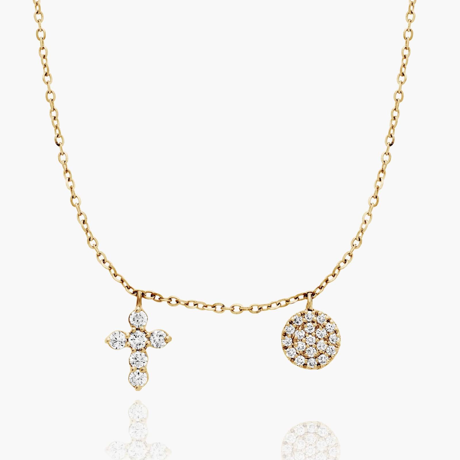 14K Yellow Gold Dainty Diamonds Pavé Circle Cross Necklace-81878y14