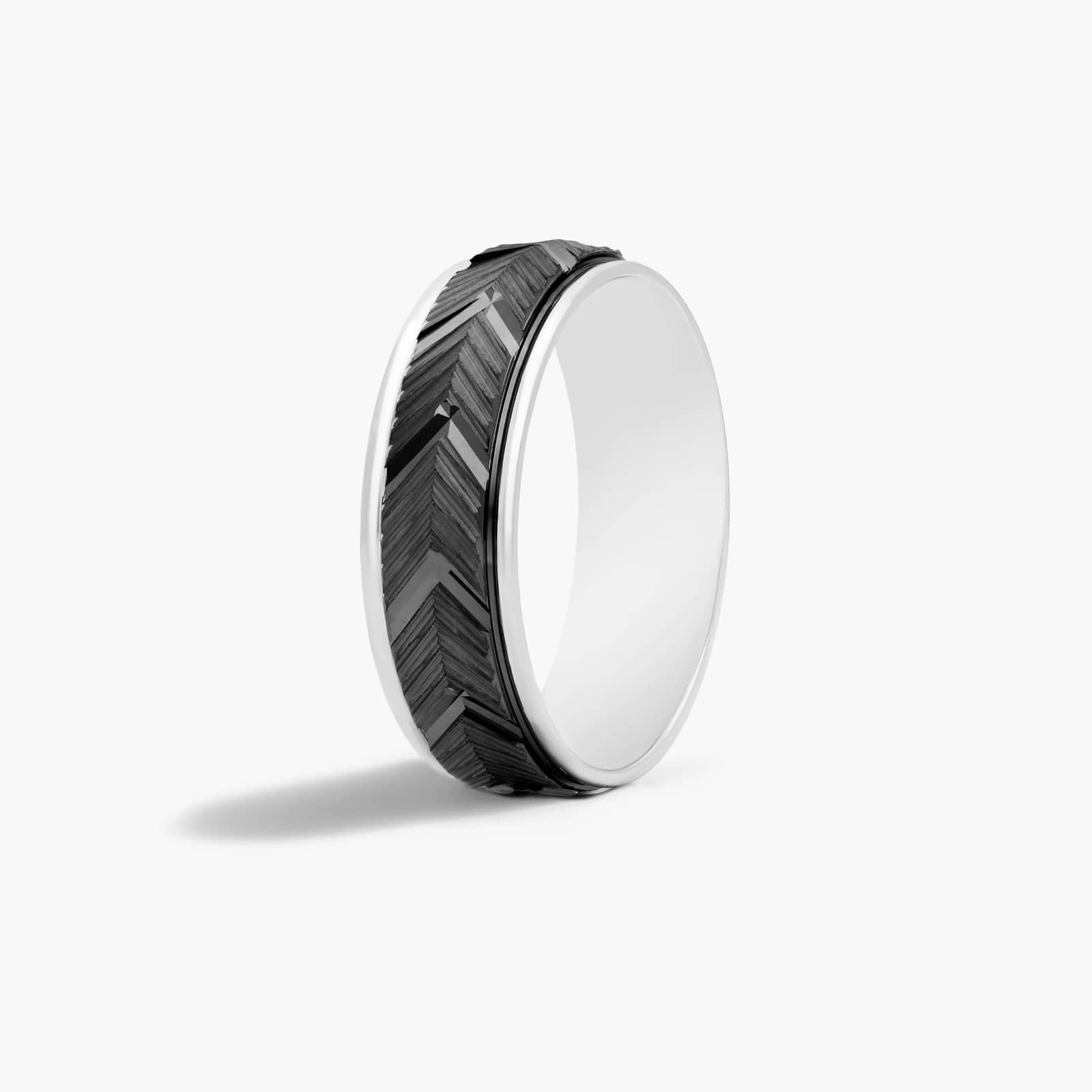 14K White Gold Ribbed Chevron Pattern Ring-16546w14