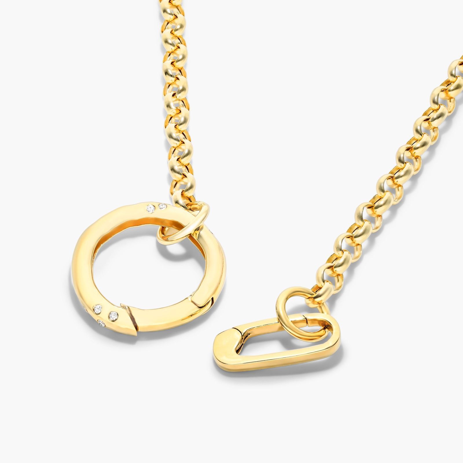14K Yellow Gold Diamond Sprinkled and Oval Push Locks Rolo Split Chain ...