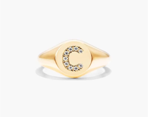 14K Yellow Gold Diamond C Initial Signet Ring-8148772y14