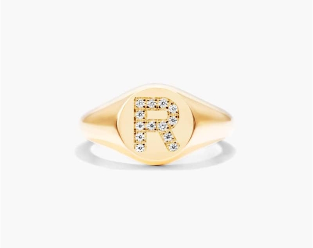 14K Yellow Gold Diamond R Initial Signet Letters Ring-8148787y14