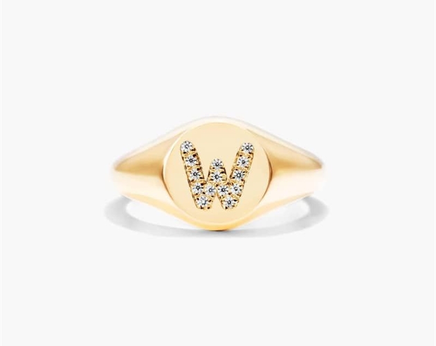 14K Yellow Gold Diamond W Initial Signet Ring-8148792y14