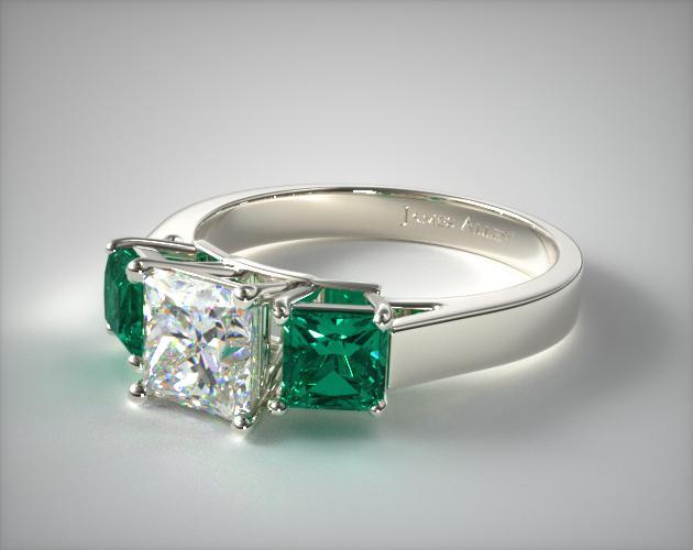 Three Stone Step Cut Emerald Engagement Ring | 14K White Gold | 11160W14