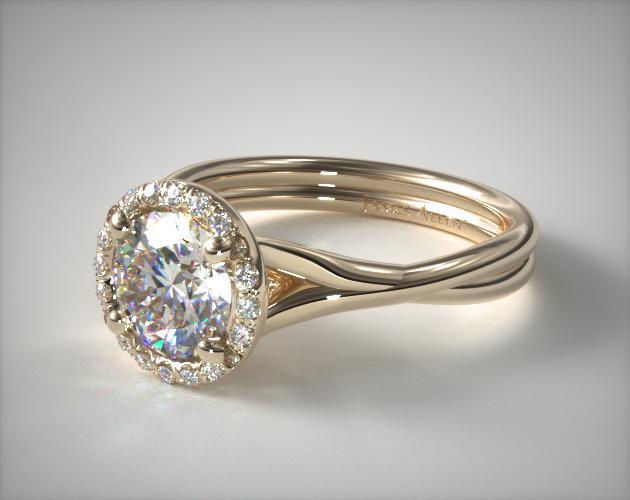 18K Yellow Gold Pavé Halo Twisted Shank Solitaire