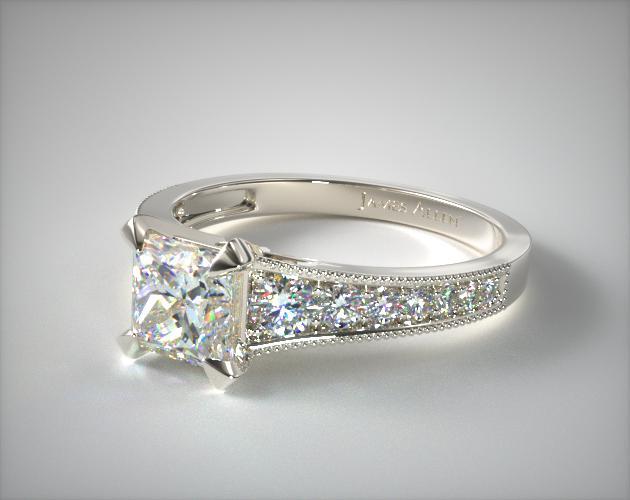 18K White Gold Reverse Taper Milgrain Diamond Engagement Ring