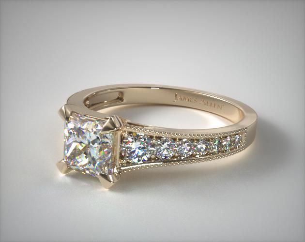 14K Yellow Gold Reverse Taper Milgrain Diamond Engagement Ring