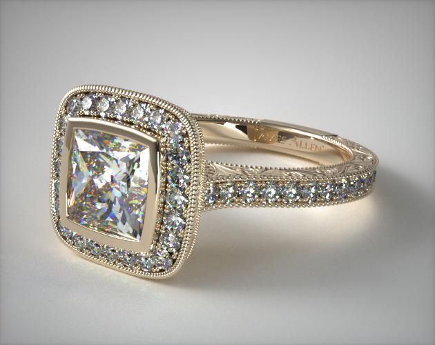 Hand Engraved Bezel Set Halo Engagement Ring | 14K Yellow Gold | 17442Y14