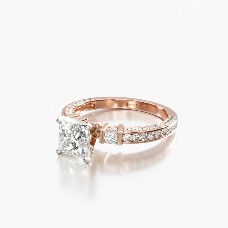 14K Rose Gold Bar Set and Three Sided Pavé Diamond Engagement Ring