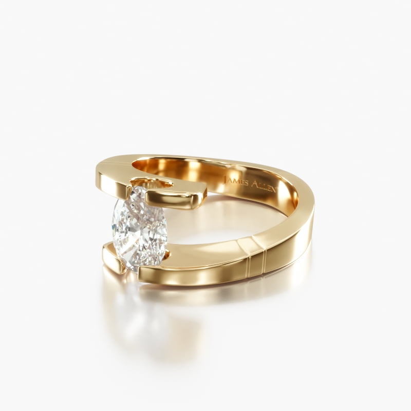 14K Yellow Gold Pointed and Etched Tension Set Engagement Ring