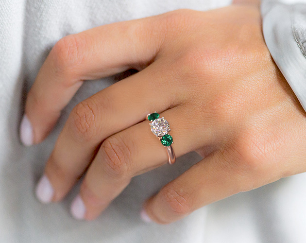 14K Rose Gold Three Stone Round Emerald Engagement Ring