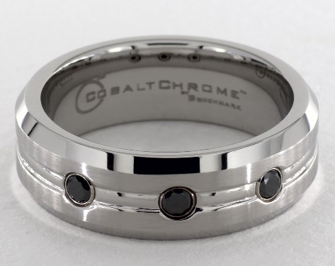 Cobalt chrome™ 7.5mm Comfort-Fit 3-Stone Black Diamond Design Ring
