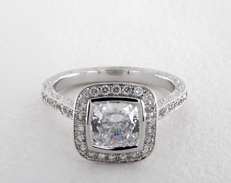 18K White Gold Hand Engraved Bezel Set Halo Engagement Ring-17442w