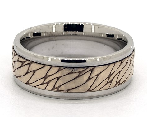 Platinum and Yellow Gold 8mm Comfort-Fit Hammered Pebble Band-16663p