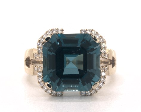18K Yellow Gold Octagon Blue Topaz and Diamond Ring (12.0x12.0mm)